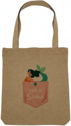 Fabulous Sac Shopping Tote Bag Aspect Lin - Poche Surprise Coeur de Sir&egrave;ne Illustration Mer Oc&eacute;an - Sac de Courses Toile Epaisse 360g Beige Naturel Cabas Port&eacute;