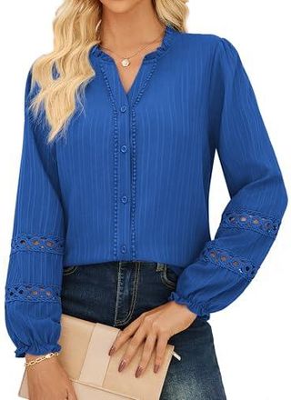 Grace Karin Chemisier &eacute;l&eacute;gant &agrave; col en V pour femme - D&eacute;contract&eacute; - Manches longues - Couleur unie - T-shirt &agrave; manches longues, bleu roi, XL