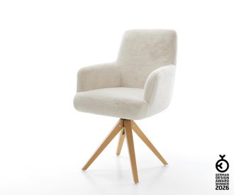 DELIFE Drehstuhl Heira-Flex mit Armlehnen Pl&uuml;sch Creme-Wei&szlig; Holzgestell kantig Natur 180&deg; drehbar Taschenfederkern, Esszimmerst&uuml;hle