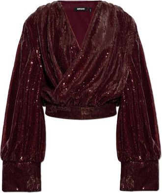 Rotate Rotate Birger Christensen - Top &agrave; sequins avec col en V - Femme - Blouses et Chemises - Rouge - Taille: 42 FR