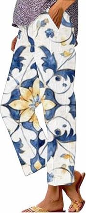 Generic Pantalon L&eacute;ger Femme Fluide Ete en Lin pour Pantalon D&eacute;contract&eacute; en Coton et Lin Imprim&eacute; R&eacute;tro &Agrave; Poches et Patchwork Style Patchwork pour Femme Fluide
