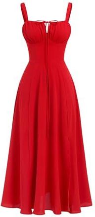 Ibtom EFOGEP Robe Midi à Corset Floral pour Femmes Robe dété Boho Robe sans Manches à Bretelles Trapèze à Encolure Carrée Fendue Dentelée Robe de Plage Déco