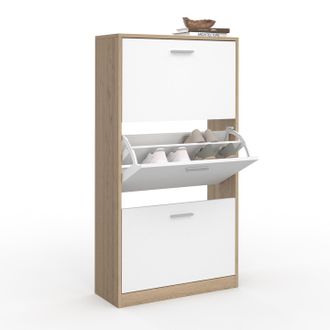 IDMarket Schuhschrank KLARK 18 Paar Buche-Imitation 3 wei&szlig;e T&uuml;ren