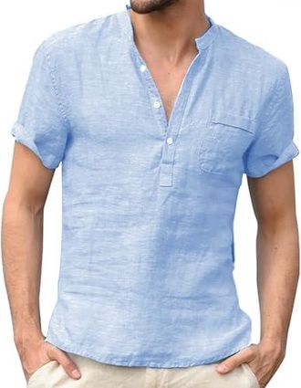 Generic Chemise d&eacute;contract&eacute;e en lin pour homme - Couleur unie - T-shirt ample &agrave; manches courtes - Style t-shirt &agrave; manches longues - Coupe ajust&eacute;e, bleu, 3XL