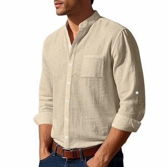 Generic Chemises blanches en lin pour hommes, coupe ajust&eacute;e, chemise habill&eacute;e en coton et lin, chemises &agrave; manches longues pour homme, chemise de plage d&eacute;t&eacute; &agrave; 