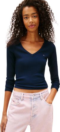 Tommy Jeans Damen Tjw Slim Essential Rib V Ls Dw0Dw17990 L/S T-Shirt, Blue (Dark Night Navy), S