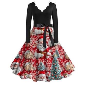 Generic Robes de Noël pour femmes, grande taille, robe de Noël 2025 plissée à manches longues pour bal de fin dannée, robe de cocktail Hepburn avec col en V, 