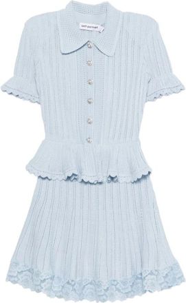 Self Portrait Femme, Robes, Bleu, Taille: 38 FR Pointelle Peplum Knit Mini Dress