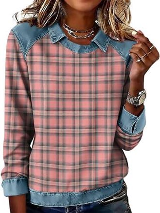 Generic Sweat-shirt l&eacute;ger &agrave; col en denim patchwork pour femme - Style r&eacute;tro - Streetwear - Pour la Saint Patrick, rose, XXL