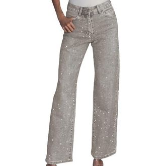Generic Jean taille haute avec strass scintillants pour femme - Pantalon baggy droit et large - Diamant brillant - Style d&eacute;contract&eacute; - Pantalon en jean &agrave; pail