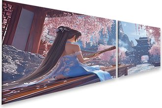 Islandburner Prime Bild auf Leinwand Japanische Frau spielt Guqin umgeben von Kirschblüten in Einer traditionellen Landschaft Bilder Wandbilder Poster