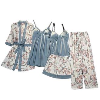 Generic YUJIEBB Ensemble de pyjama 5 pi&egrave;ces en satin pour femme en dentelle patchwork bril v&ecirc;tements de nuit de mariage rayonne v&ecirc;tements de nuit et robe de n