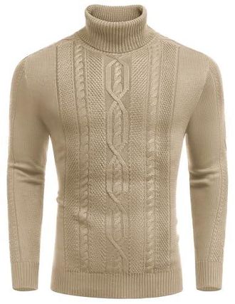 Coofandy Pull &agrave; col roul&eacute; pour homme - Manches longues - Coupe ajust&eacute;e - Pull basique en tricot torsad&eacute;, kaki, XL