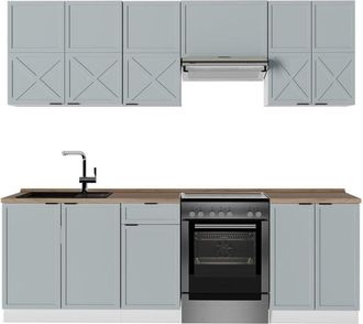 Vicco Küchenzeile Fame-Line, Hellblau-grau/Weiß, 240 cm, AP Eiche, Vicco