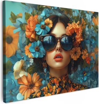 MuchoWow © Leinwandbild 40x30 cm Dekoration Wohnzimmer Bilder Pictures Wall Decoration Living Room Wohnungs Deko Moderne Bild Frau - Blumen - Orange - Blau - M