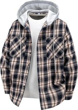 Generic Sweat &agrave; capuche uni 2026 pour homme - Chemise &agrave; carreaux ample boutonn&eacute;e en flanelle &eacute;l&eacute;gante - Manches longues - Automne 2025 - D&eacute;contract&eacute; avec poit