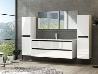 Home Line Badm&ouml;bel Set Hochglanz mit Schubladen Glas ablage (Dennis Weiss, 120 cm Einzelbecken ohne Hochschrank)