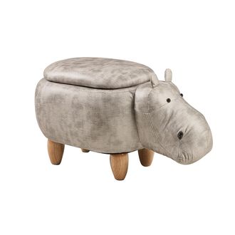 Novità Home Pouf rembourré en simili cuir, bois - hippopotame blanc avec rangement