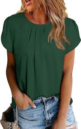 Dokotoo Chemisier Femme Chic et Élégant Blouse à Manches Courtes Col Rond Tunique Été Couleur Unie en Mousseline T-Shirt Lâches Haut Tops Mode, Vert, XL