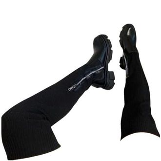 Generic Bottes hautes serrées à plateforme pour femme, bottes au-dessus du genou pour femme, bout pointu au-dessus du genou, talon mi-épais, extensibles, anti