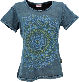 Guru Shop Boho T-Shirt mit Mandaladruck, Stonewashed T-Shirt - Blau, Damen, Baumwolle, Size:XL