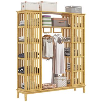 HOMCOM Kleiderschrank aus Bambus Aufbewahrungsschrank mit 2 Schiebet&uuml;ren, offenen Regalen und Kleiderstange f&uuml;r das Schlafzimmer, 145 x 35 x 165cm, Naturholz