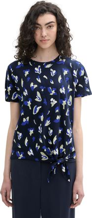 Tom Tailor Damen T-Shirt mit Muster & Knotendetail,35918 - Abstract Navy floral Print, XL
