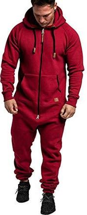 Onsoyours Pyjama Une Pièce Hommes Combinaison Onesie Pyjama à Glissière Encapuchonné Poche Cordon Barboteuses Combinaison Longue Automne Hiver A Vin Rouge S