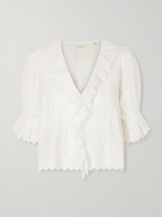 D&ocirc;en Haut En Coton &Agrave; Broderie Anglaise, Plis Nervures Et Volants Henri - Blanc