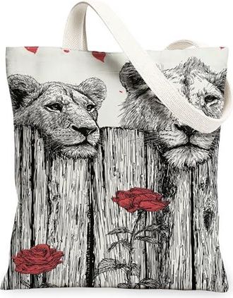Generic Sac fourre-tout vintage en toile, motif lion et rose, sacs de courses l&eacute;gers et lavables pour voyage, plage, ext&eacute;rieur, beige, 13x15 Inch
