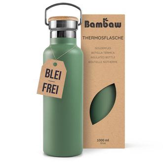Bambaw Thermosflasche 1l, Edelstahl Trinkflasche Sp&uuml;lmaschinenfest, Trinkflasche Auslaufsicher 1l, Thermosflasche 1l - Salbeigr&uuml;n