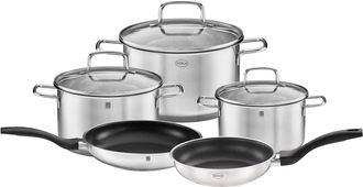 R&ouml;sle Basic Line Starter-Set 5-TLG., 3 Universalt&ouml;pfe, 2 Bratpfannen, Edelstahl 18/10, mit Glasdeckel und Sch&uuml;ttrand, induktionsgeeignet, sp&uuml;lmaschinengeeig