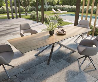 DELIFE Outdoortisch Edge 300x100 cm Keramik Laminam Sabbia Eichefarbig Kreuzgestell Rechteck Edelstahl, Esstische
