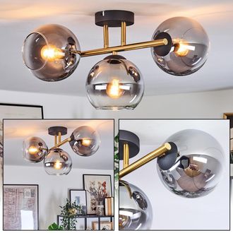 HOFSTEIN Deckenleuchte Koyoto, 3-flammige Deckenlampe aus Metall/Glas in Schwarz/Gold/Rauch/Klar, moderne Leuchte im Retro/Vintage-Design (&Oslash; Schirme 15 cm), E1
