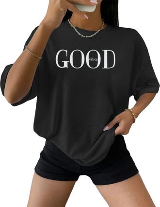 TOMWELL Damen Tshirt Kurzarm Sommer Oberteile Oversized T-Shirt mit Buchstaben Druck Lose Rundhals Sport Shirt Teenager M&auml;dchen Top Tunika Lang G Schwarz XXL