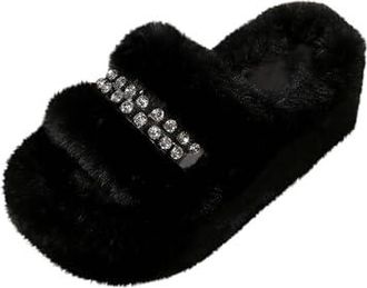 Generic Pantoufles &agrave; bout ouvert pour femme - Chaudes et d&eacute;contract&eacute;es - &Eacute;l&eacute;gantes - Couleur unie - Strass - Semelle &eacute;paisse - Confortables - En fourrure - Po