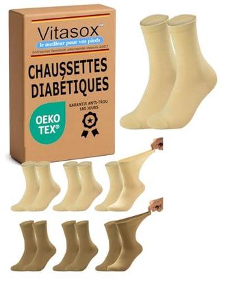 Vitasox Chaussettes Homme Extra-Larges 43-46 en Coton - Médicales Sensibles Sans Élastique & Sans Couture - Lot de 6 Paires Beige 31121