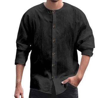 Generic Chemise en coton et lin pour homme Henley Gym Tops Mode pour homme Revers ample Revers Tops T-shirt Tops daffaires pour hommes Tuniques coupe r&eacute;guli&egrave;r