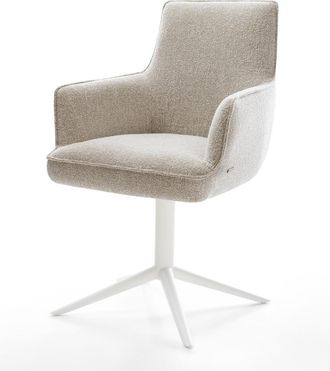DELIFE Drehstuhl Heira-Flex mit Armlehnen Webstoff Soft Beige Fu&szlig;kreuz Wei&szlig; 360&deg; drehbar Wippfunktion Taschenfederkern, Esszimmerst&uuml;hle