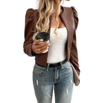 Generic Veste courte en similicuir à manches longues pour femme - Boléro ouvert sur le devant - Haut de travail dautomne, kaki, XL