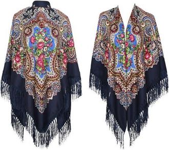 Generic Poncho Femme Hiver Chaud Chale Femme Hiver Chaud Cape Femme Effet enveloppant Grand Carr&eacute; 160X160 Cm Imprim&eacute; Pompons Style Ethnique Printemps-Automne