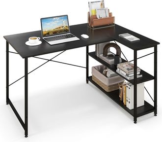 Giantex Schreibtisch-Bücherregal, L-Form, Eckschreibtisch mit Regal, 2 Ebenen, industrielles Design mit wendbaren Ablagen, für Zuhause, Büro, Wohnzimmer (schw