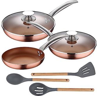 San Ignacio Set mit 5 Pfannen, 20,24,28 cm (mit Deckel), Aluminium, Induktion, mit 3 Stück, Küchenutensilien, Silikon, Holz