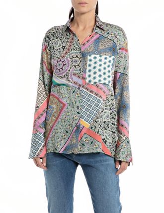 Replay Damen Bluse Langarm All Over Print, Black/Multicolor 010 (Mehrfarbig), L