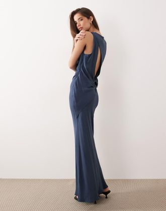 Asos Drapiertes Maxikleid in tiefblauer Leinenoptik mit R&uuml;ckenausschnitt und Besatz-Gr&uuml;n