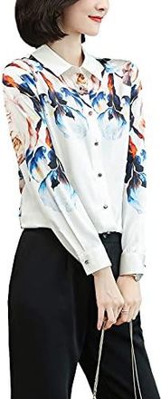 Dissa Chemise en Soie Blanc Impression Manches Longues Revers Blouse À Boutons Soie Femme,XXL,S9099
