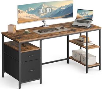 Vasagle Bureau dOrdinateur, Table avec Rangement, 3 &Eacute;tag&egrave;res, 2 Tiroirs, 60 x 160 x 76 cm, pour Bureau, Salon, Style Industriel, Marron Rustique et Noir Mat L