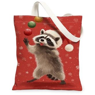 Generic Sacs fourre-tout en toile de raton laveur de No&euml;l, sacs d&eacute;picerie r&eacute;utilisables, l&eacute;gers et lavables avec bandouli&egrave;re, Rouge, 13x15 Inch