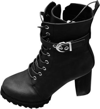 Generic Bottines de motard &agrave; talon bloc pour femme - &Eacute;l&eacute;gantes - Couleur unie - Fermeture &eacute;clair lat&eacute;rale - Semelle &eacute;paisse - Classique et confortable - &Agrave; lac