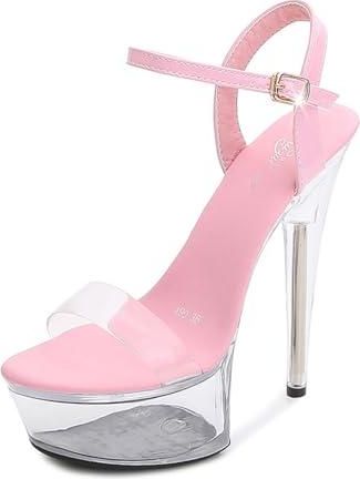 Generic Rose,35 EU,Escarpins à Talons Aiguilles et Plateforme pour Femmes avec Fond en Cristal, Bride à la Cheville à Bout Ouvert, Sandales à Boucle, Chaussur